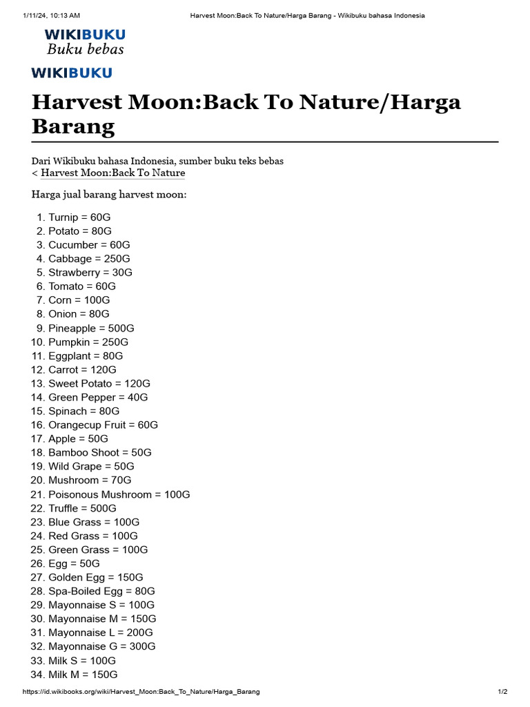 Harvest Moon - Back To Nature - Harga Barang | PDF