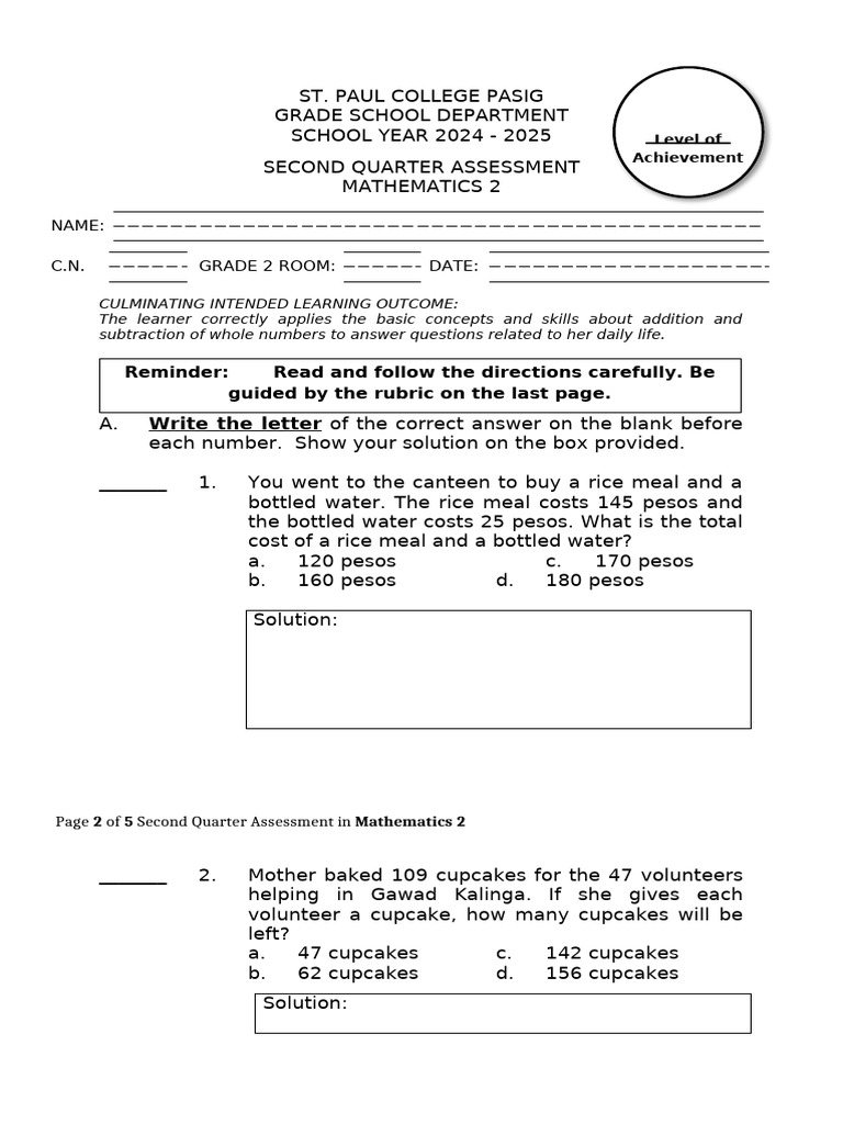 Math2 Q2 Periodic Assessment S.Y.24-25 | PDF | Cognition | Learning