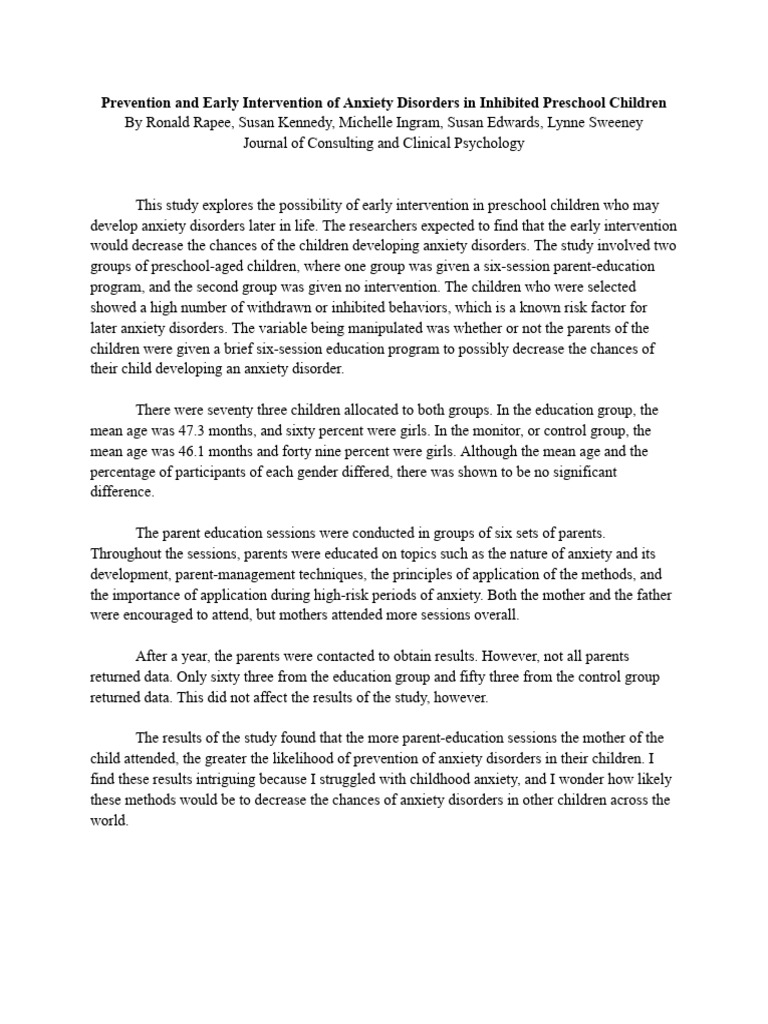 Prevention and Early Intervention of Anxiety Disorders in Inhibited ...