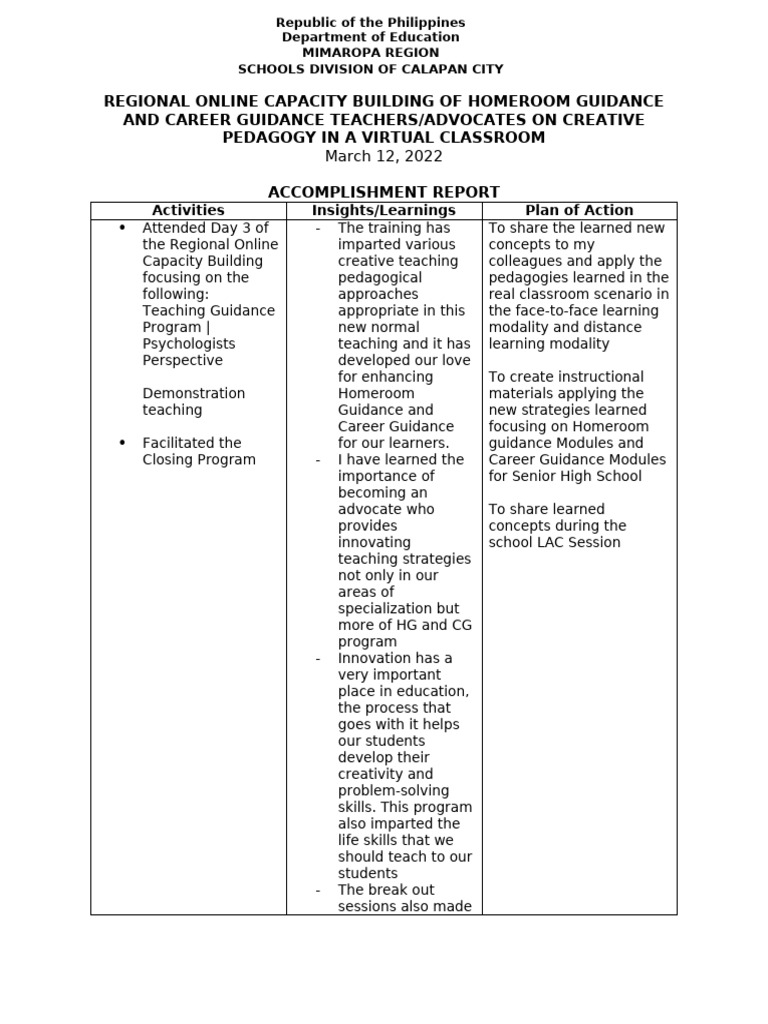 M ANDALIS Accomplishment Report | PDF | Pedagogy | Learning