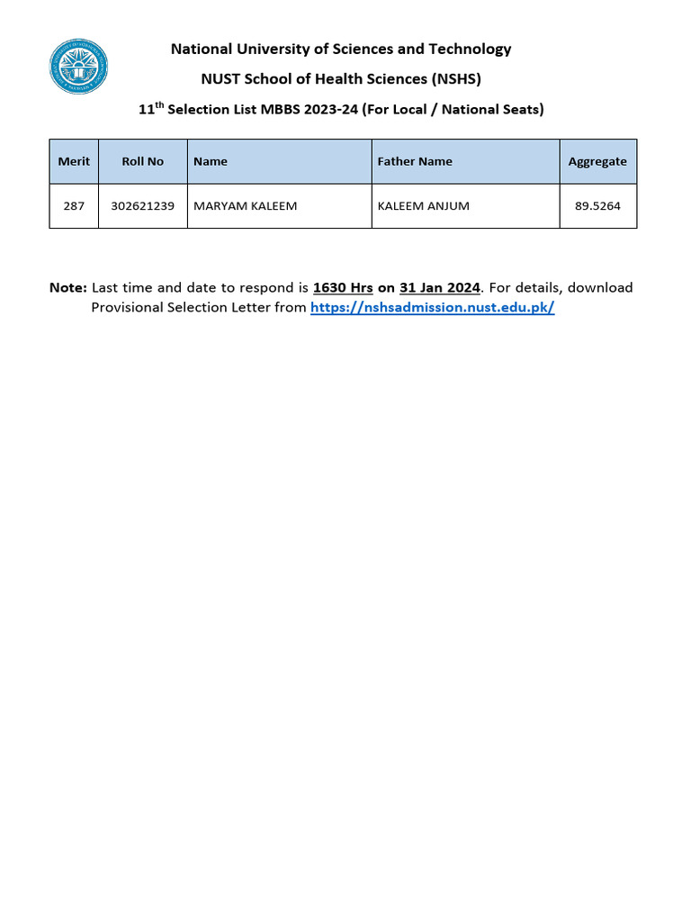 NUST MBBS 2023-24 11th Selection List | PDF
