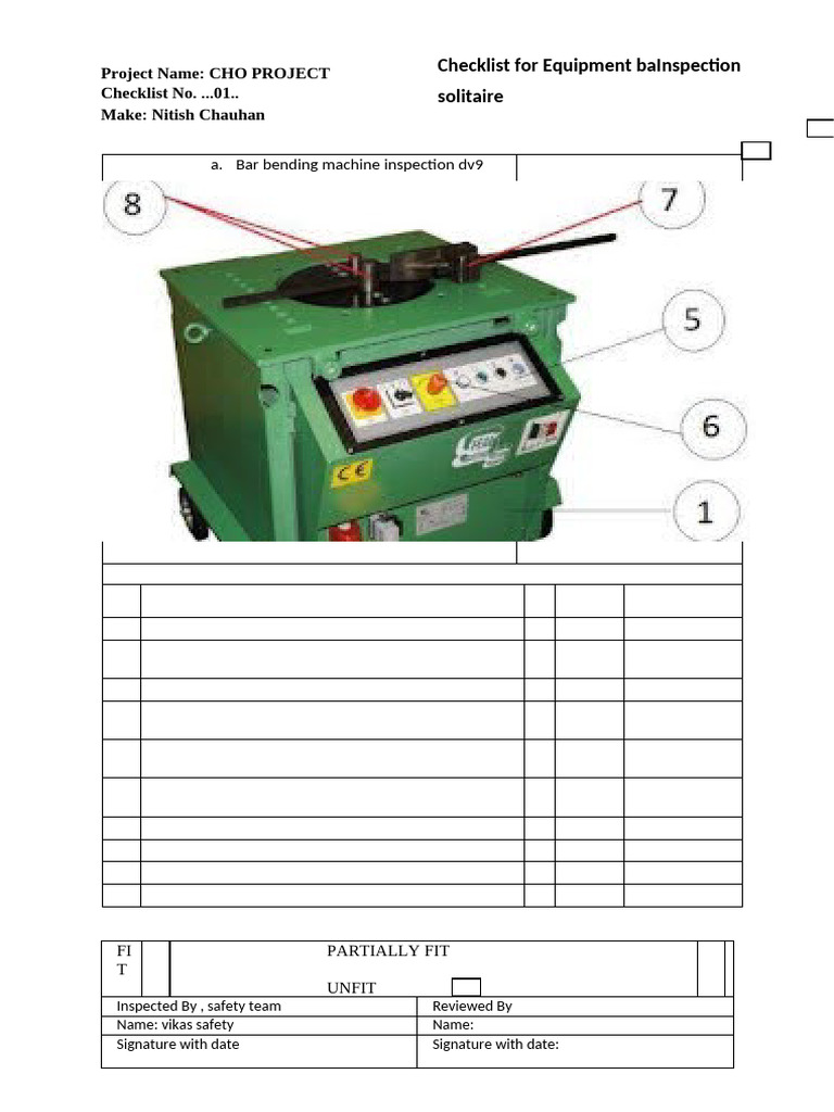 Checklist For Equipment Inspection Bar Bending Machine | PDF