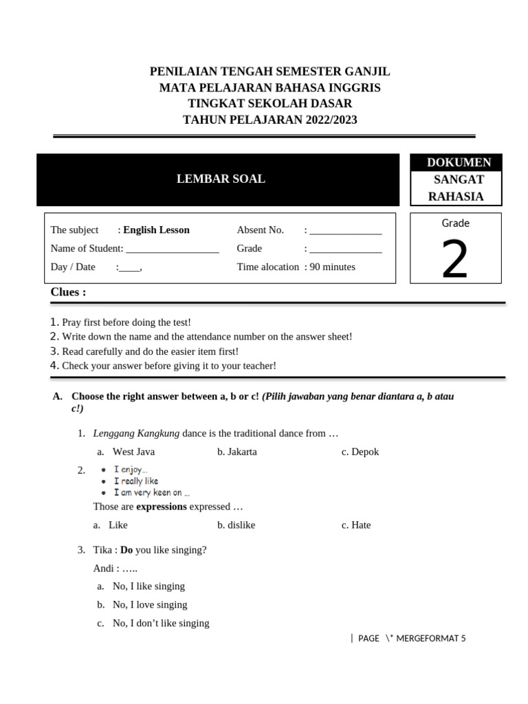 Soal PTS Kelas 2 B.ing SD Ganjil 2022-2023 | PDF | Elementary Geometry | Euclidean Geometry