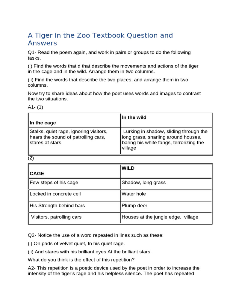 A Tiger in The Zoo Question and Answers | PDF | Tiger | Wildlife