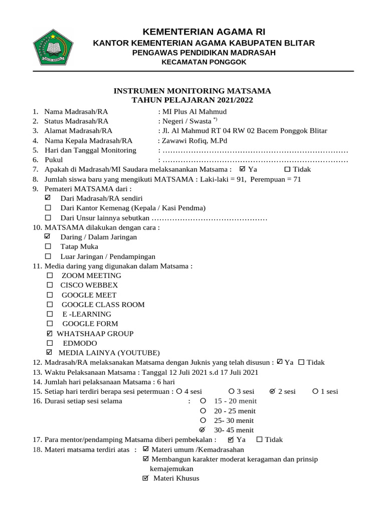 Instrumen Monitoring MATSAMA | PDF