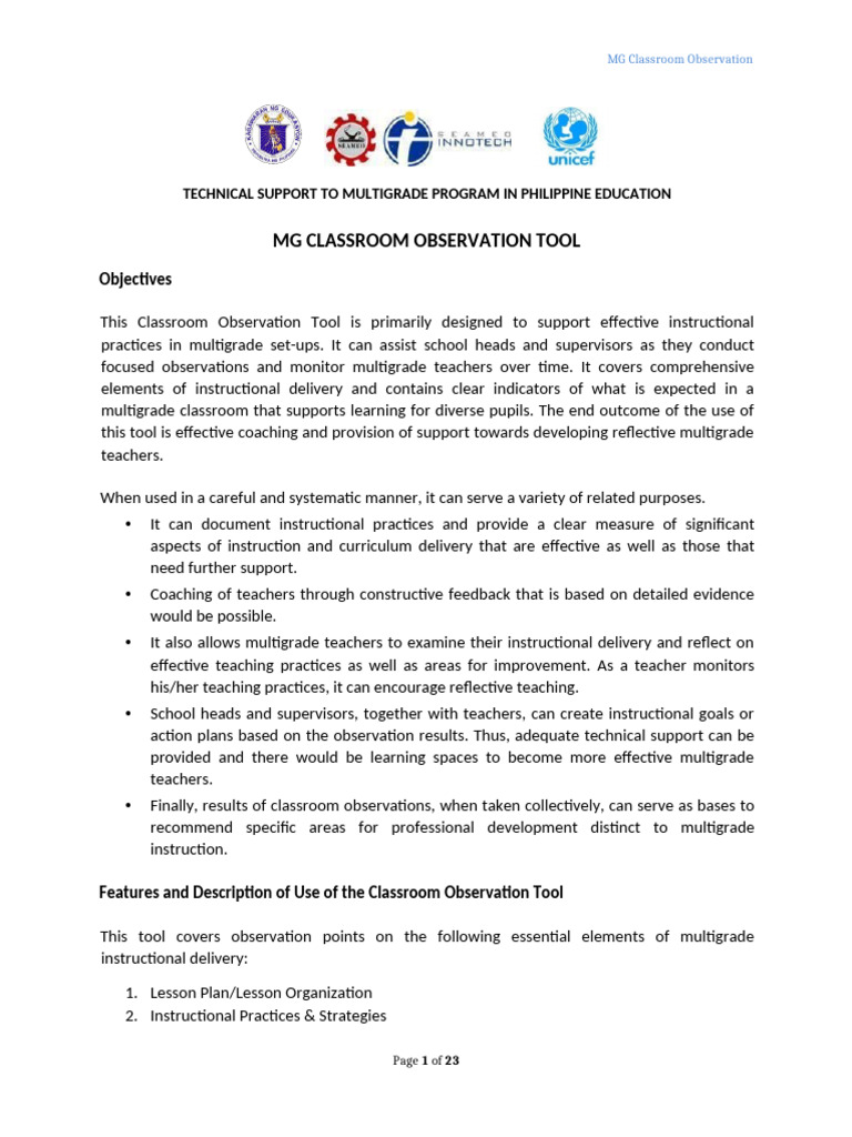 Multigrade Classroom Observation Tool | PDF | Teachers | Lesson Plan