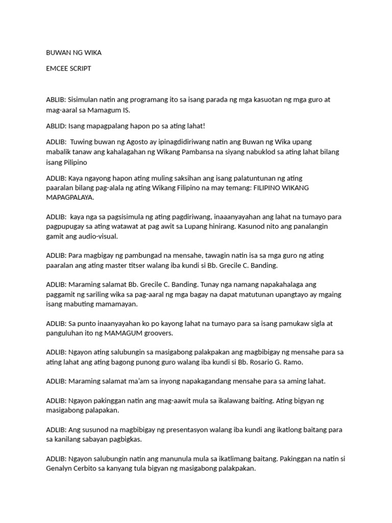Buwan NG Wika Emcee Script | PDF