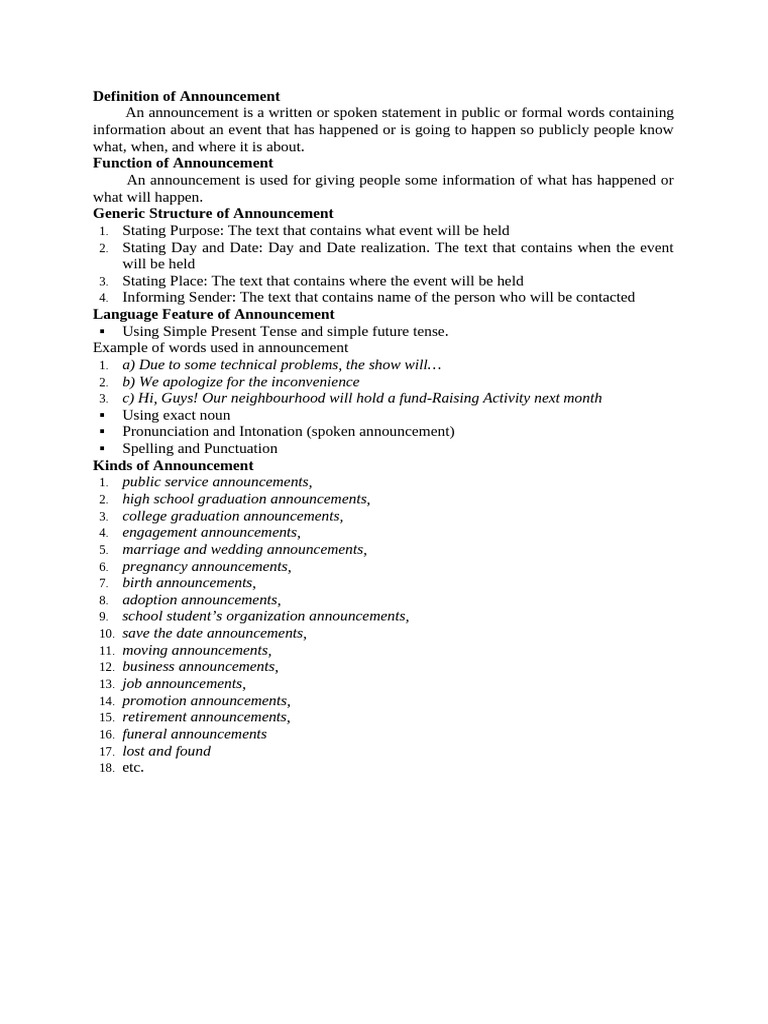 Definition of Announcement | PDF