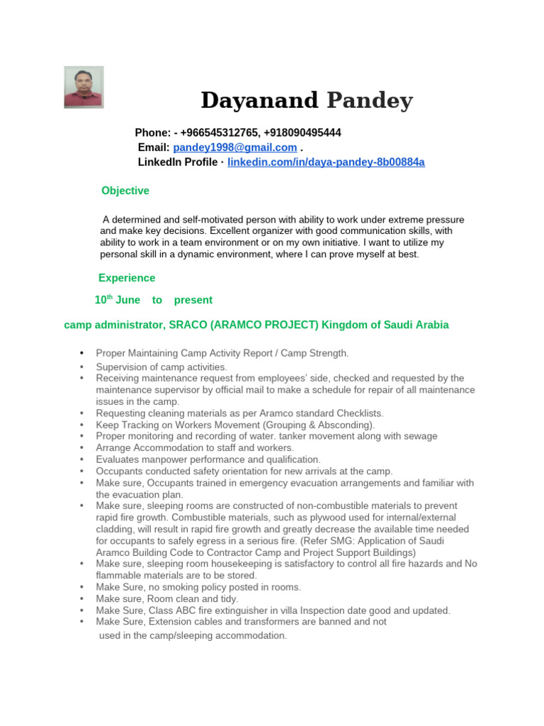 Camp Boss CV - Updated. | PDF | Housekeeping | Fire Safety