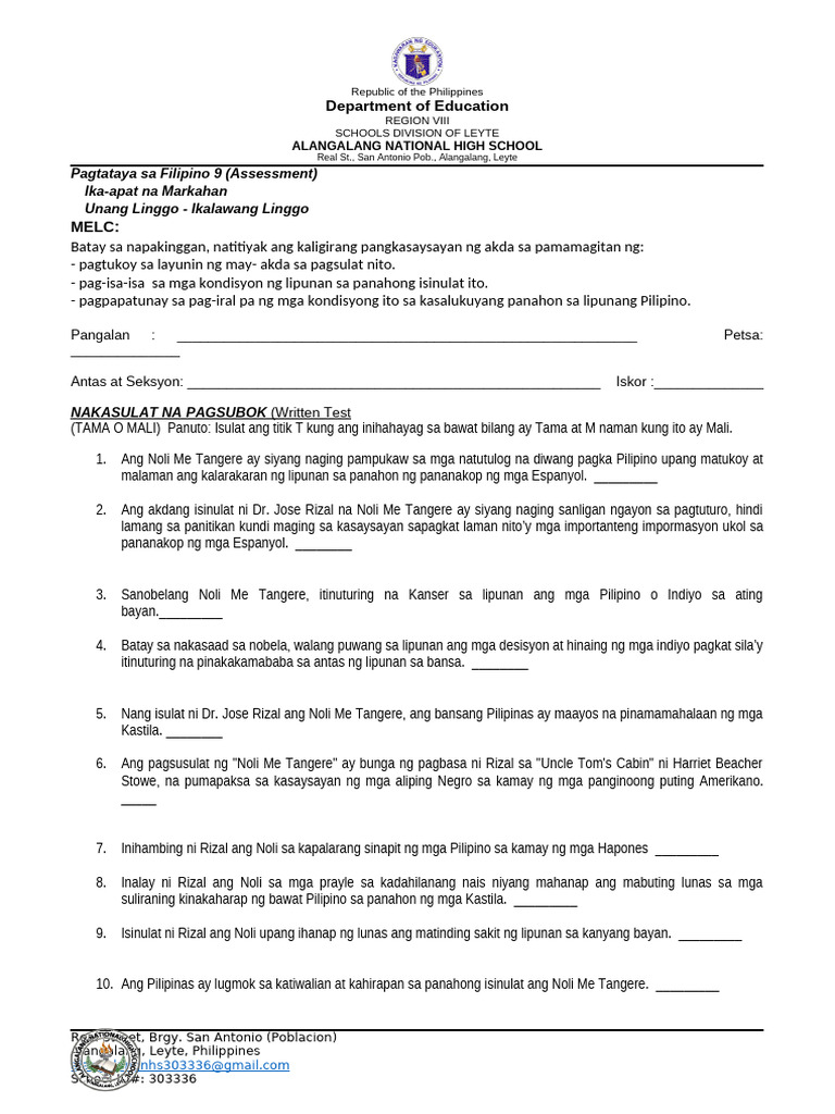 4th Quarter Assessment Week 1 | PDF