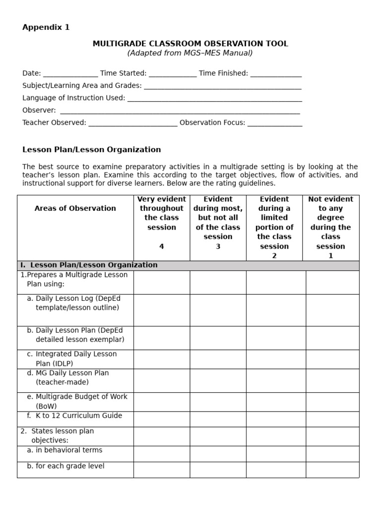 Multigrade Classroom Observation Tool | PDF | Educational Assessment ...