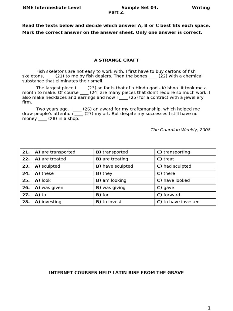 04 BME Intermediate Level - Writing Part 2. - A Strange Craft | PDF ...