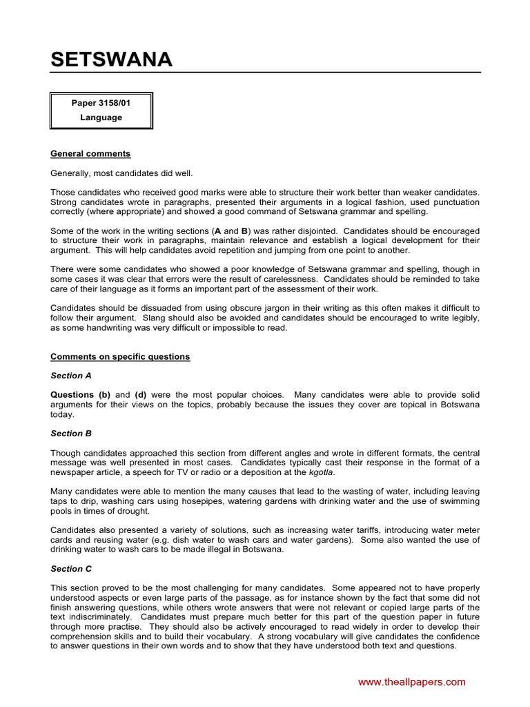 Setswana: Paper 3158/01 Language | PDF | Translations | Water