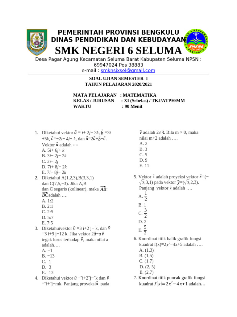 Soal UAS MTK SMT 1 | PDF
