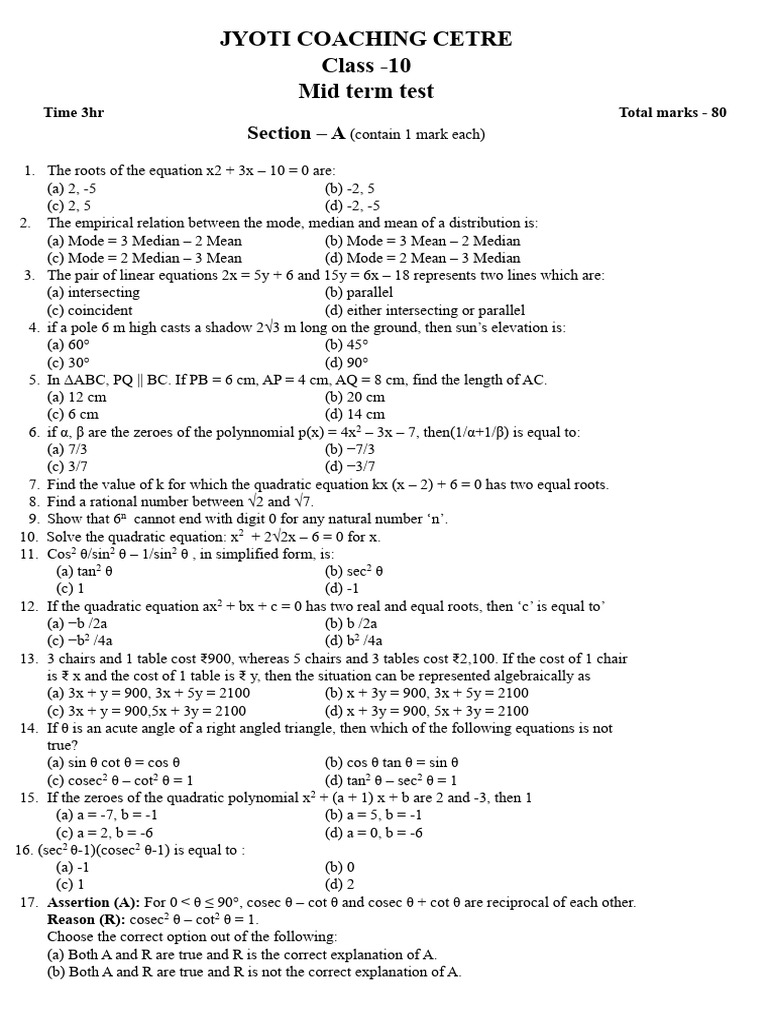 Class 10 Math Mid Termq | PDF | Quadratic Equation | Abstract Algebra