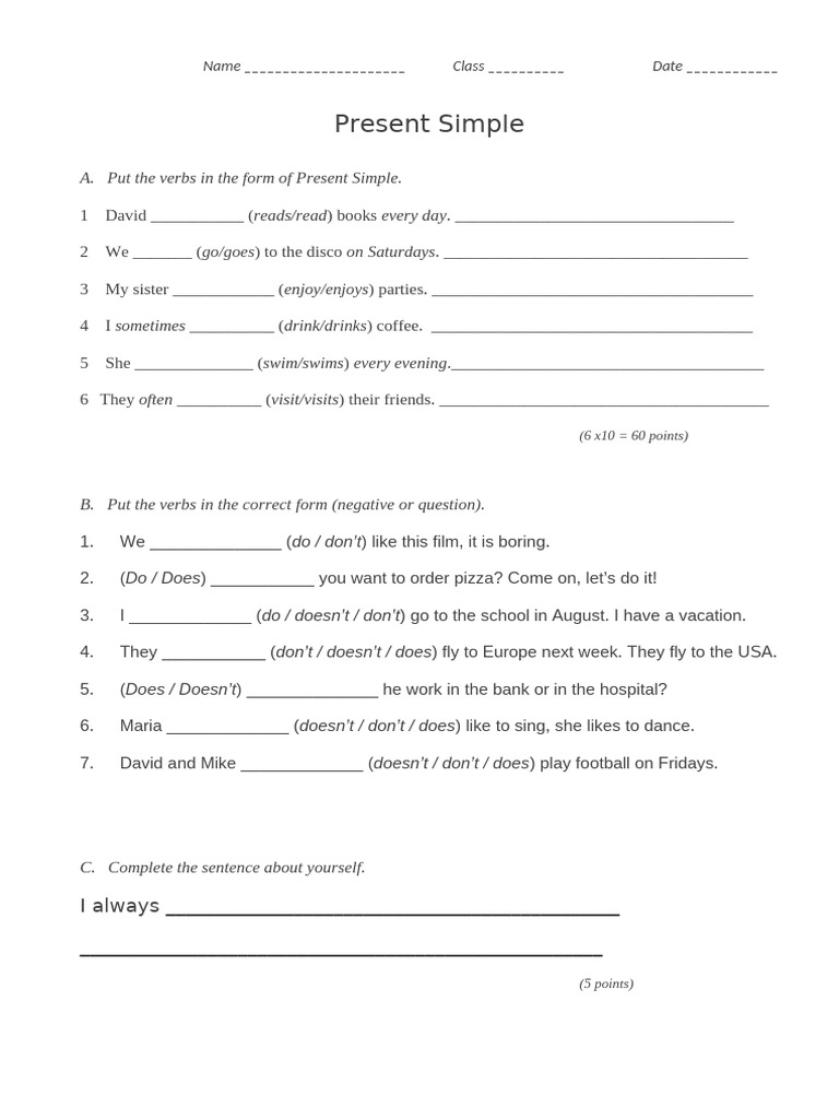 Present Simple Worksheet | PDF