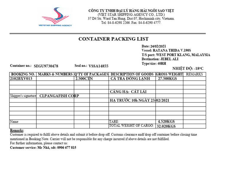 VSSA Form Cont Packing List VS | PDF