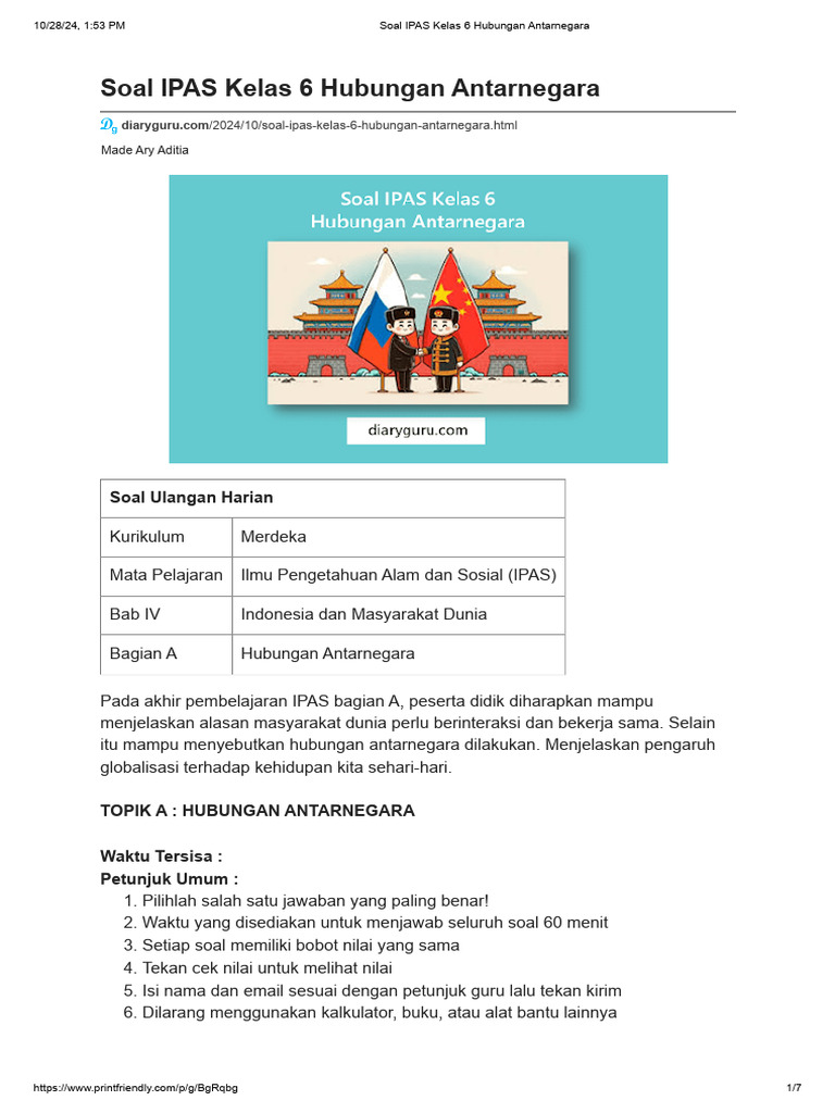 IPAS BAB 4 Soal IPAS Kelas 6 Hubungan Antarnegara | PDF