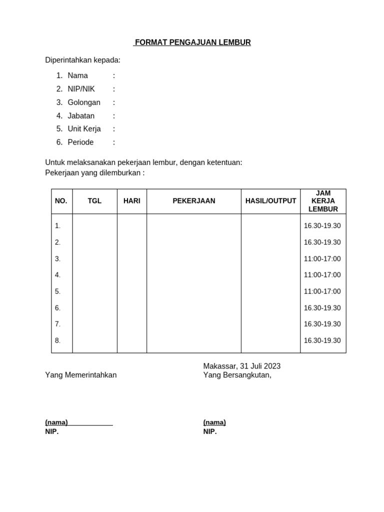 FORMAT PENGAJUAN LEMBUR Kerja | PDF