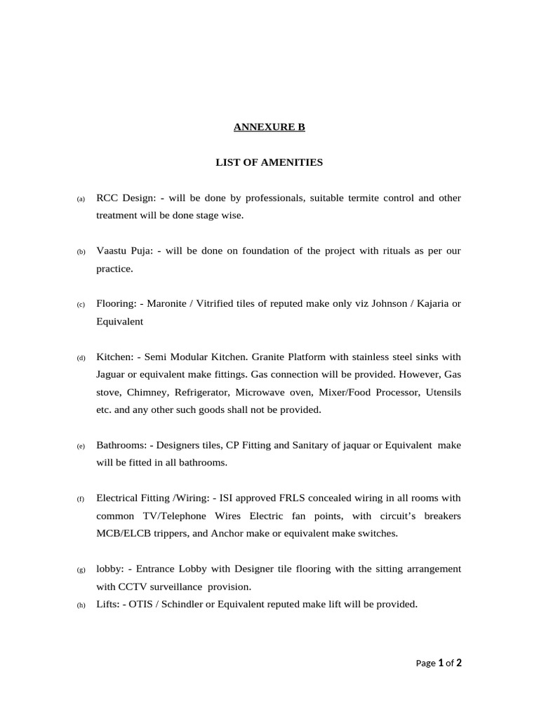 Pitruchhaya Amenity List Revised | PDF | Kitchen | Elevator
