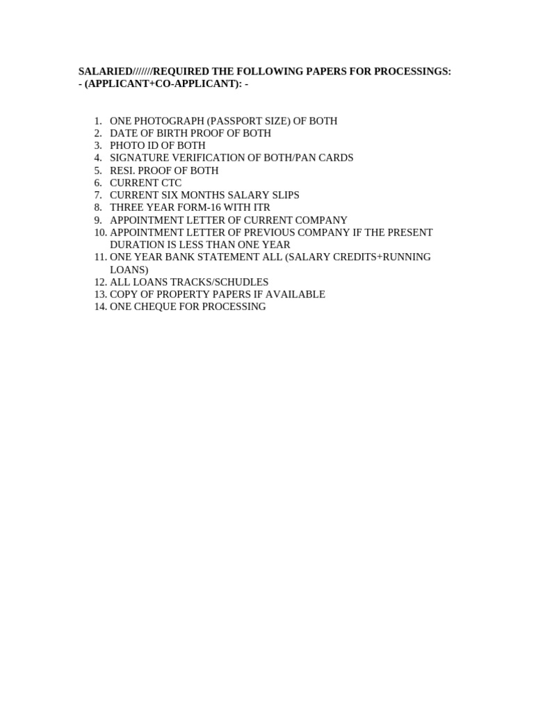 Lis of Docs For Home Loan-Salaried | PDF