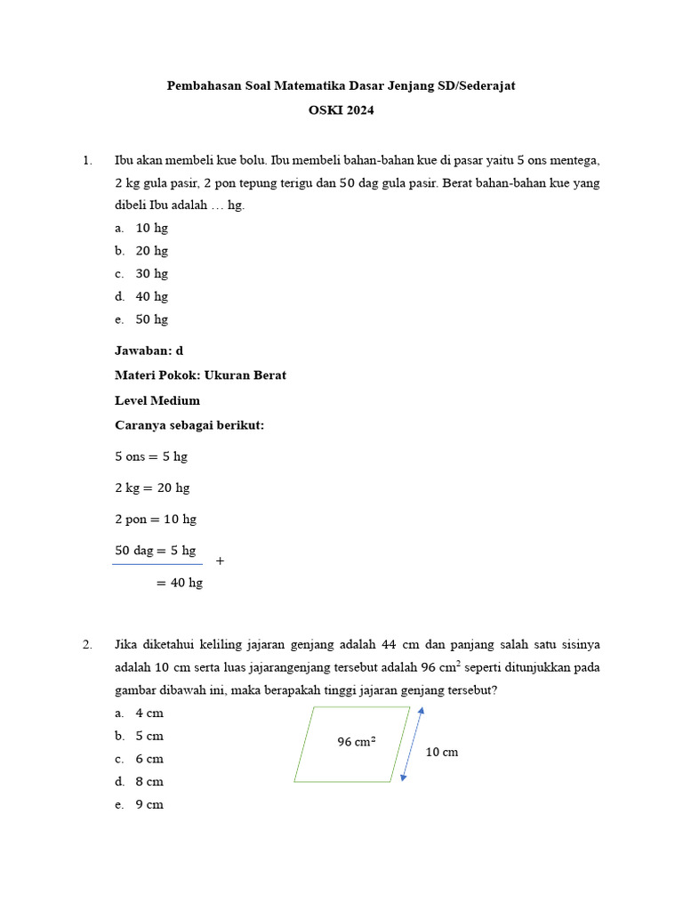 Matematika SD - Pembahasan OSKI 2024 | PDF