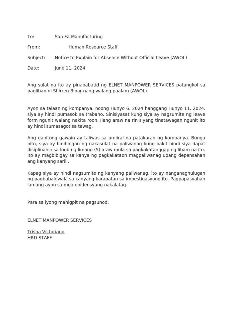 Shirren Bibar - AWOL Letter | PDF