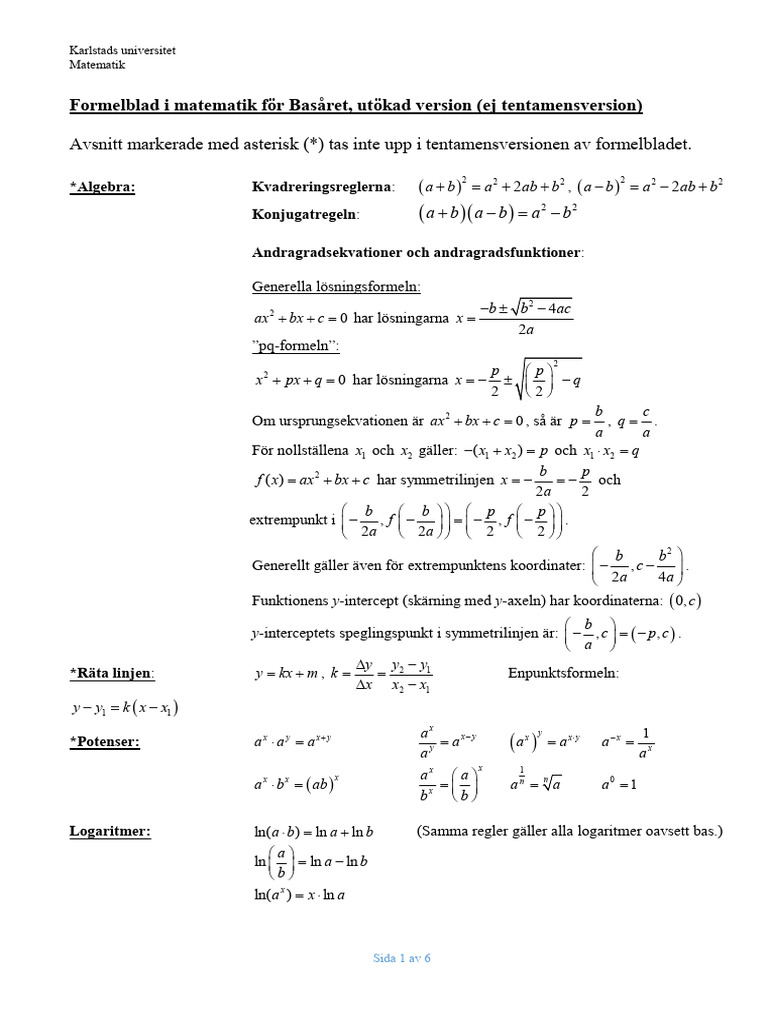 Formelblad I Matematik, Basåret Utökad | PDF