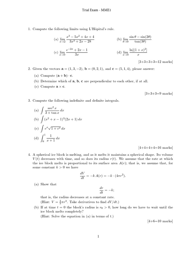 Calculus Limits, Integrals, and Vectors Exam | PDF | Area | Physics