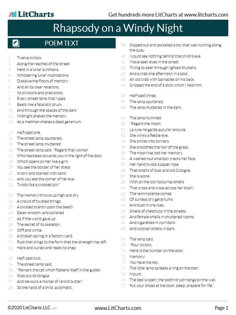 LitCharts Rhapsody On A Windy Night | PDF | Memory | Poetry