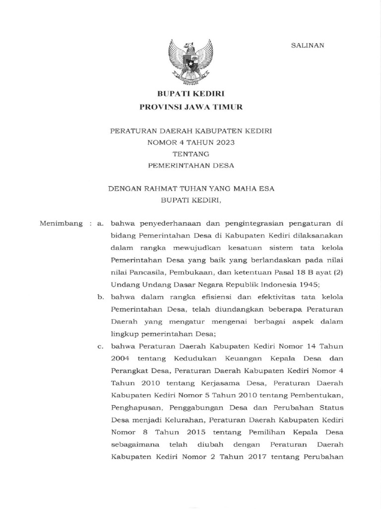 PERDA No 4 Tahun 2023 Tentang Pemerintahan Desa | PDF