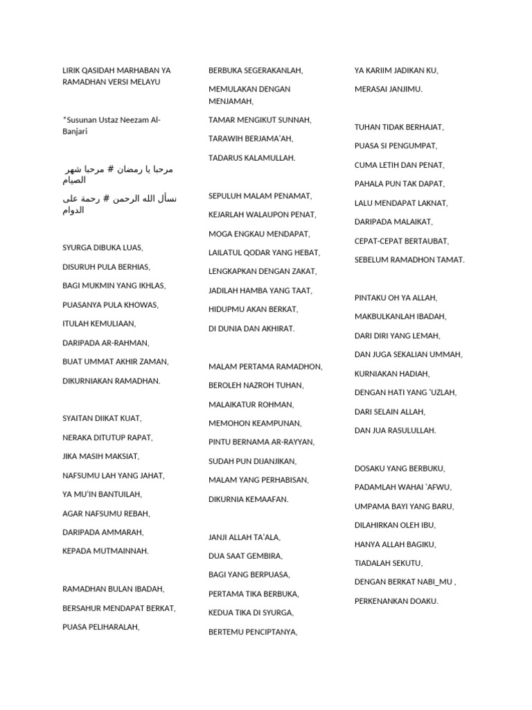 Lirik Qasidah Marhaban Ya Ramadhan Versi Melayu | PDF