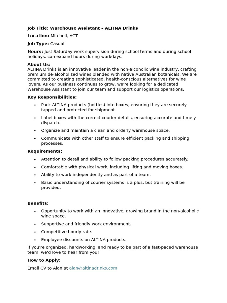 Casual Warehouse Assistant at ALTINA Drinks | PDF | Business
