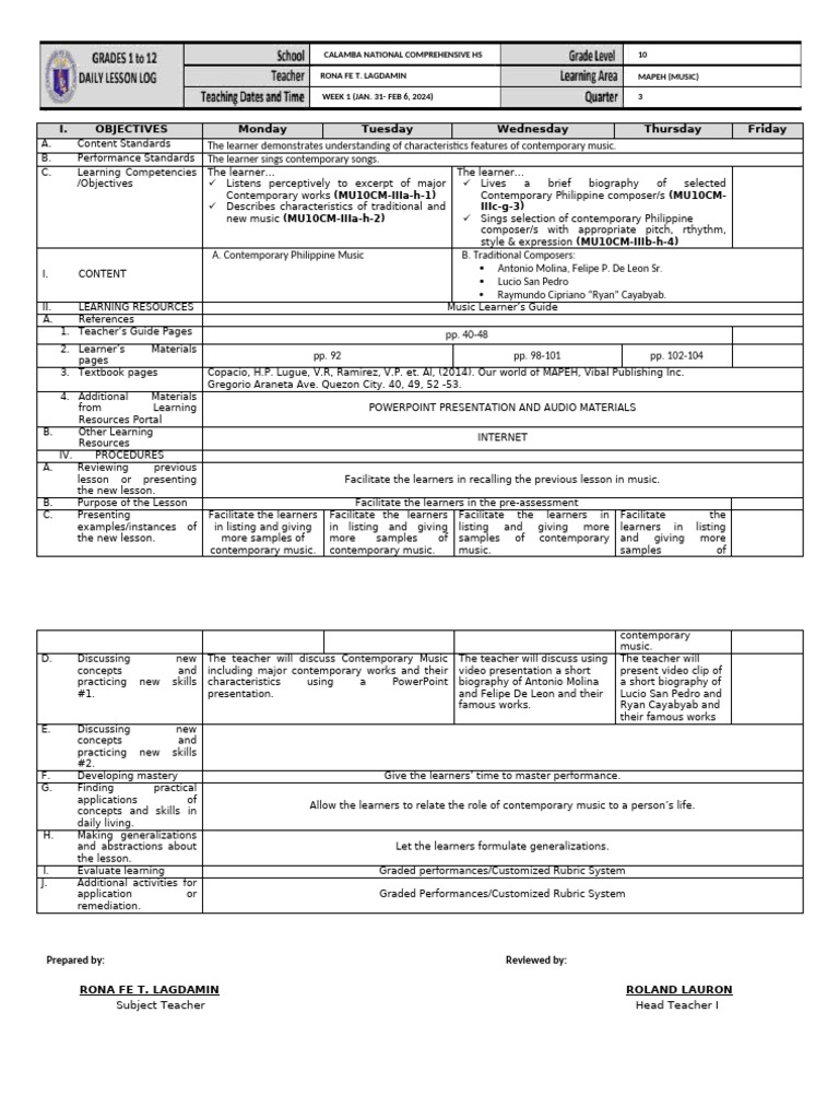 MAPEH 10 MUSIC 3rd Grading 1 | PDF | Cognition | Learning