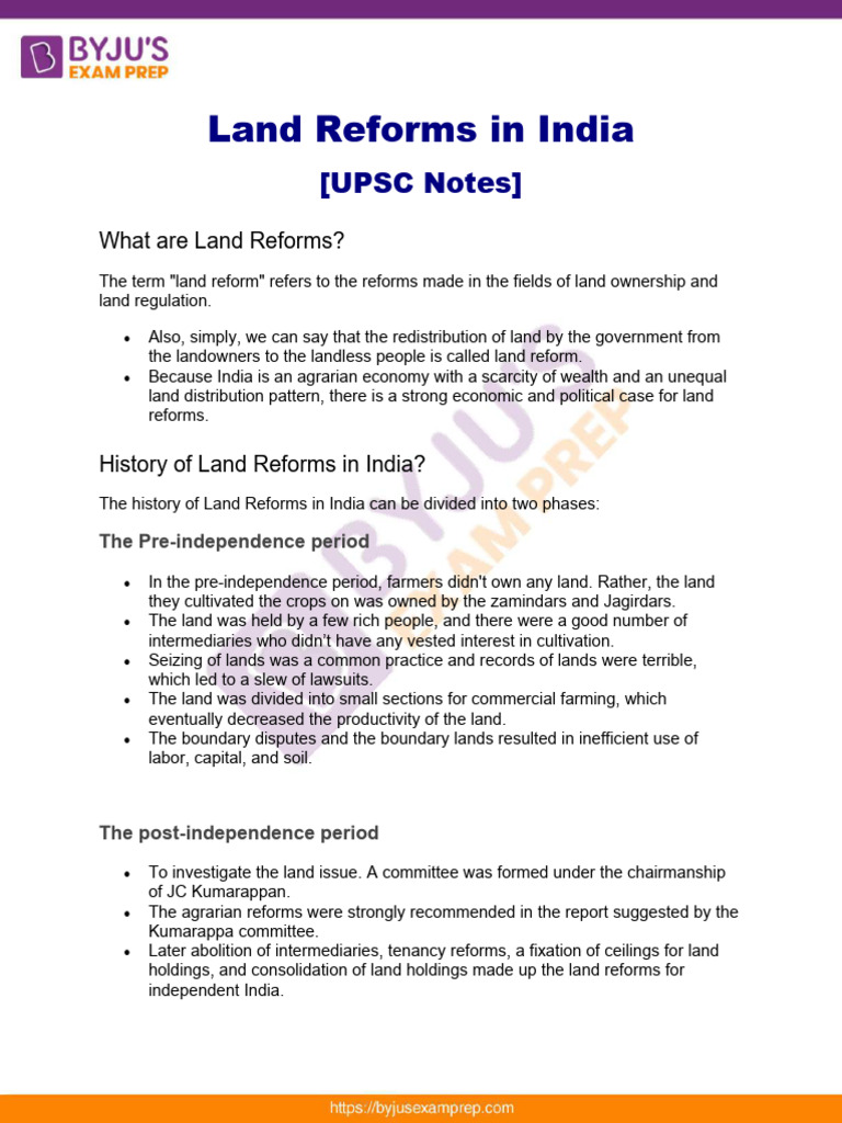 Land Reforms in India Upsc Notes 81 | PDF | Land Reform | Peasant