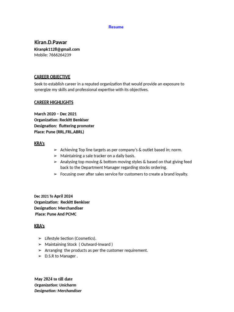 Kiran CV.11 | PDF | Career & Growth | Business