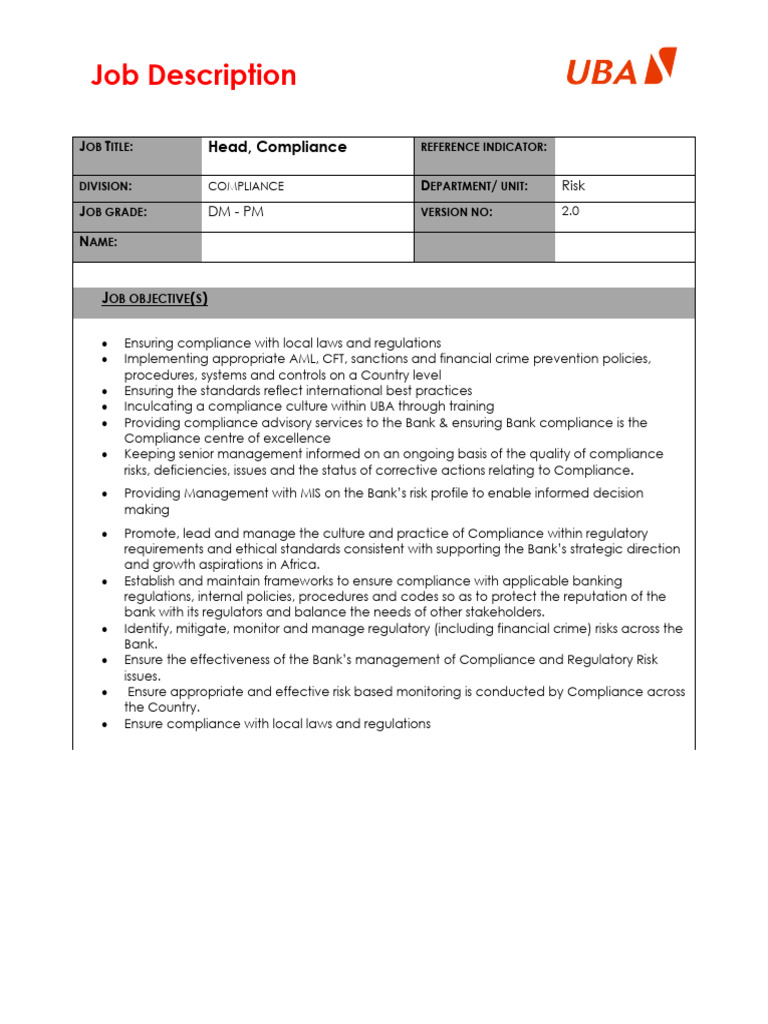 UBA Job Description Head Compliance | PDF | Regulatory Compliance ...