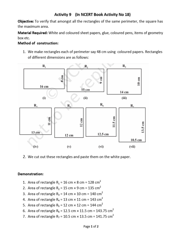 Class 12 Maths Activity: Max Area of Square | PDF