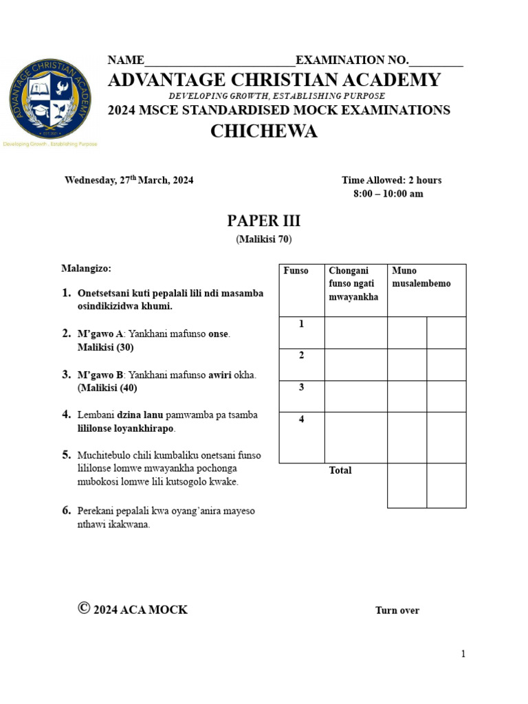 2024 Aca Chichewa P III Msce Mock | PDF