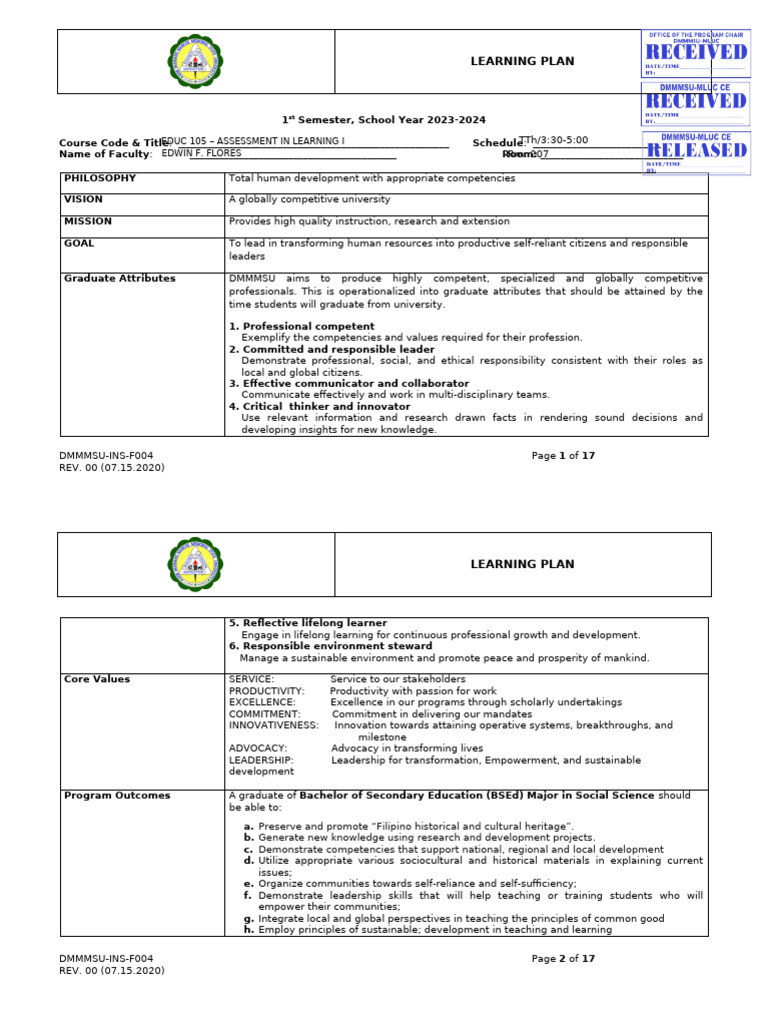 Assessment-in-Learning-1-Learning-Plan | PDF | Educational Assessment | Rubric (Academic)