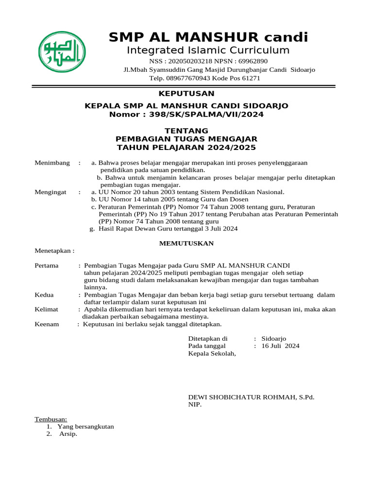 SK Pembagian Tugas Guru 2023-2024 | PDF