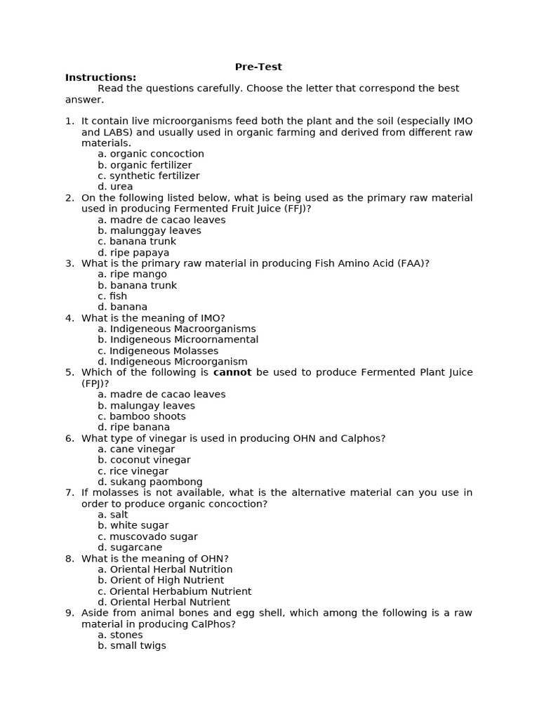 Pre test and Post Test | PDF | Fermentation | Lactic Acid