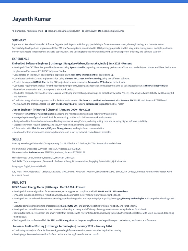 Jayanth Kumar Resume | PDF | Microcontroller | Linux