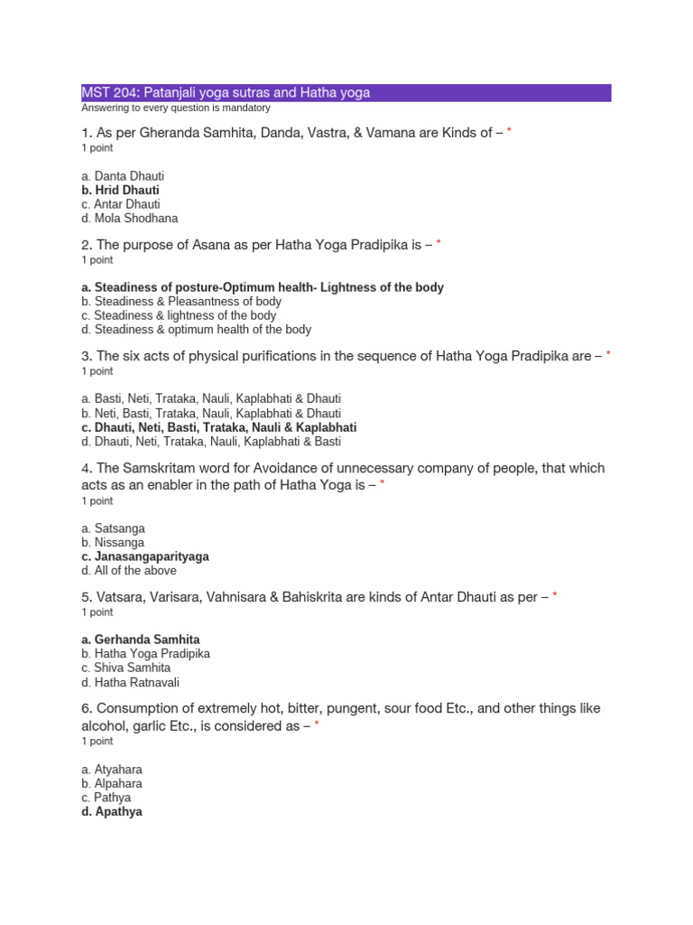 MST 204 PYS HY Unit Test 2 - 2021 | PDF | Hatha Yoga | Asana