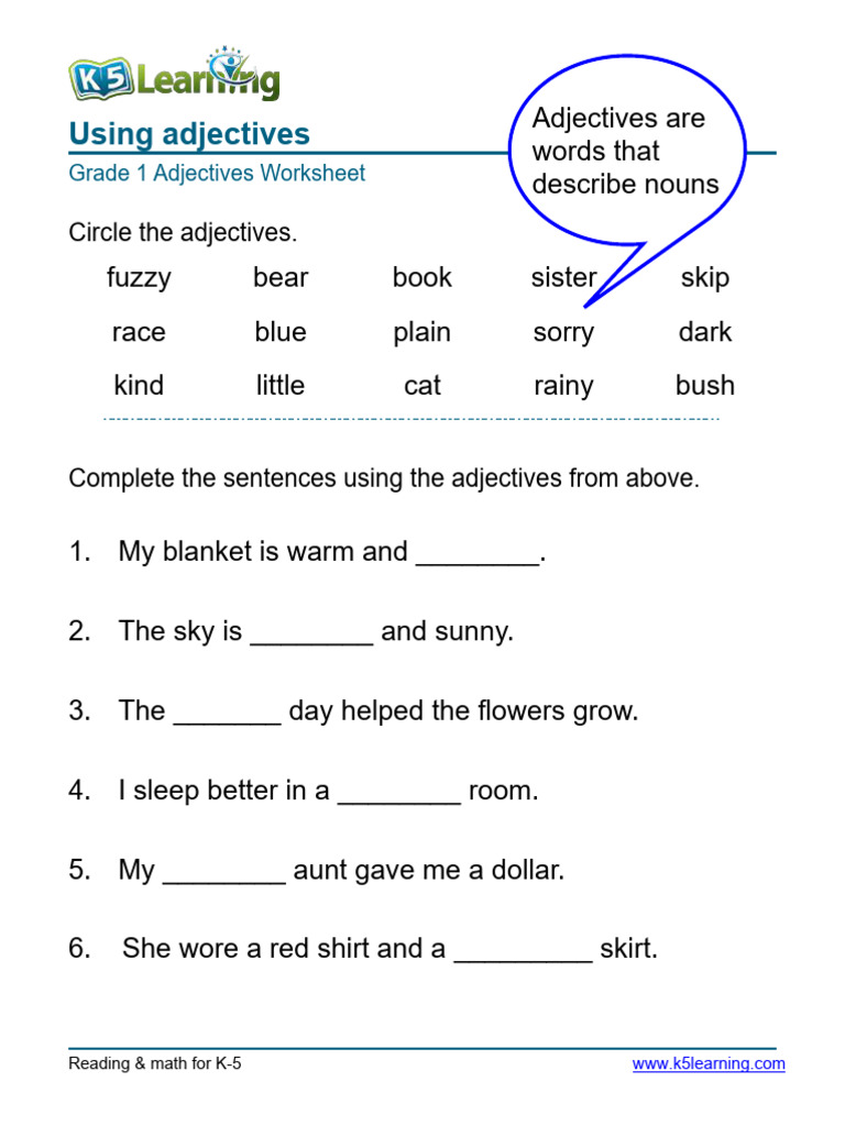 Grade 1 Adjectives Worksheet | PDF