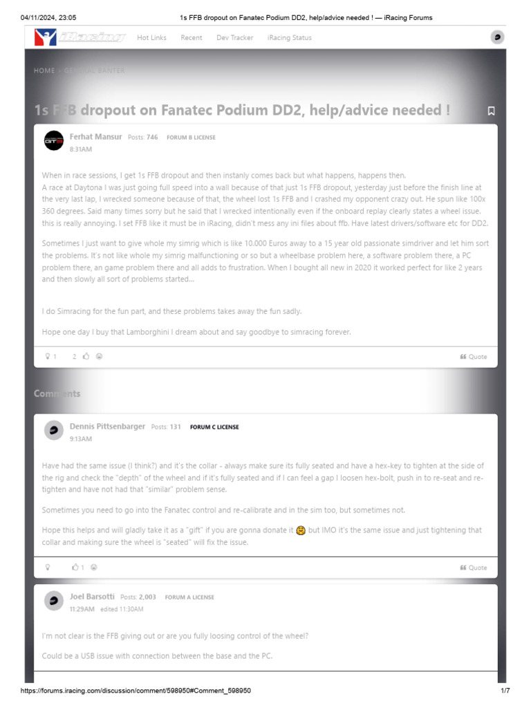 1s FFB Dropout On Fanatec Podium DD2, Help - Advice Needed ! - Iracing Forums | PDF | Auto ...