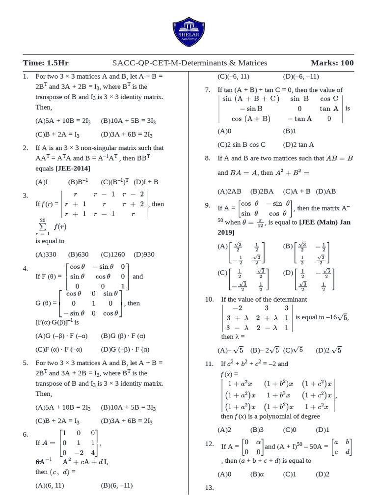 SACC-QP-CET-M-Determinants & Matrices | PDF | Functions And Mappings | Mathematical Objects