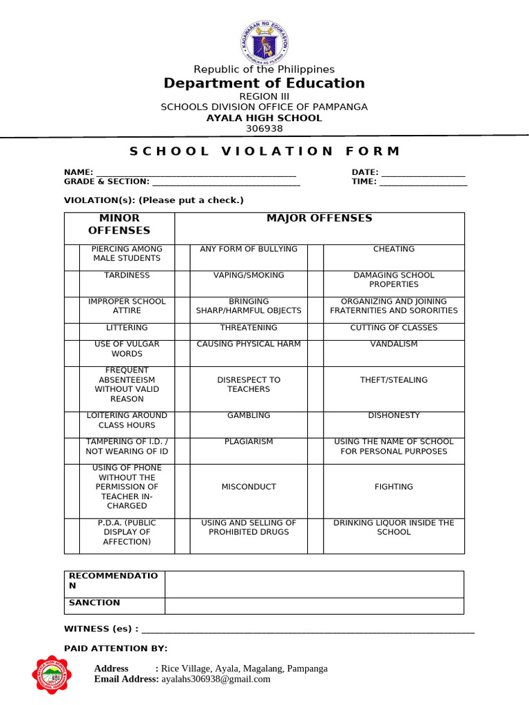 VIOLATION-FORM-grade-9 | PDF