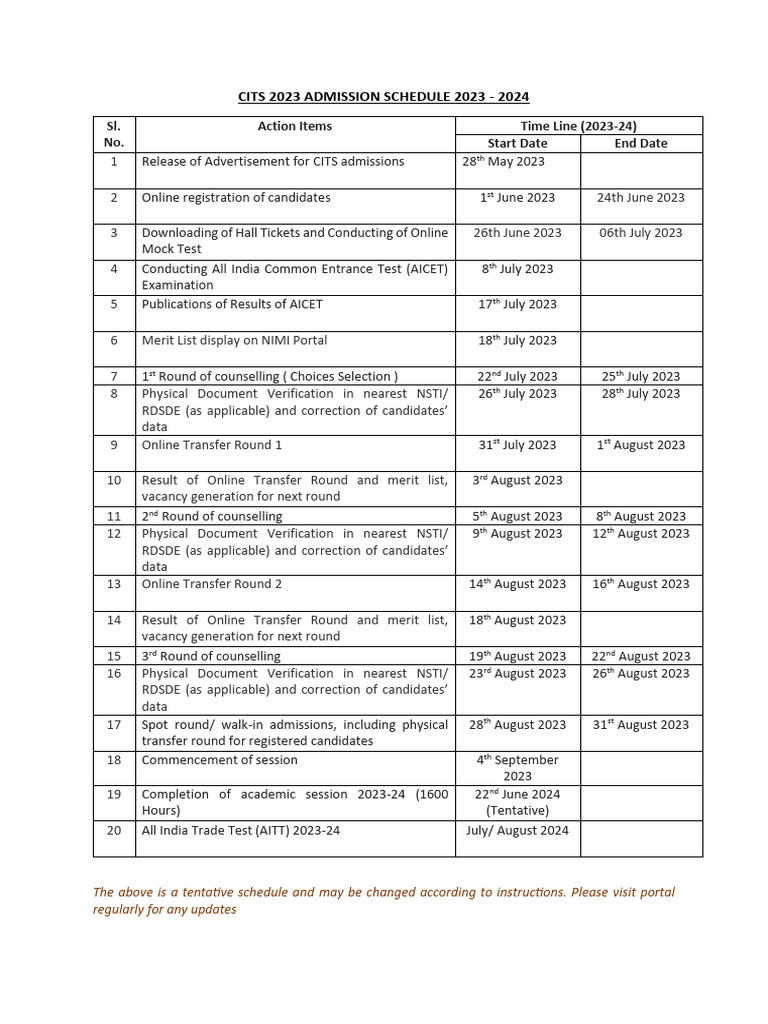 CITS 2023-24 Admission Timeline | PDF