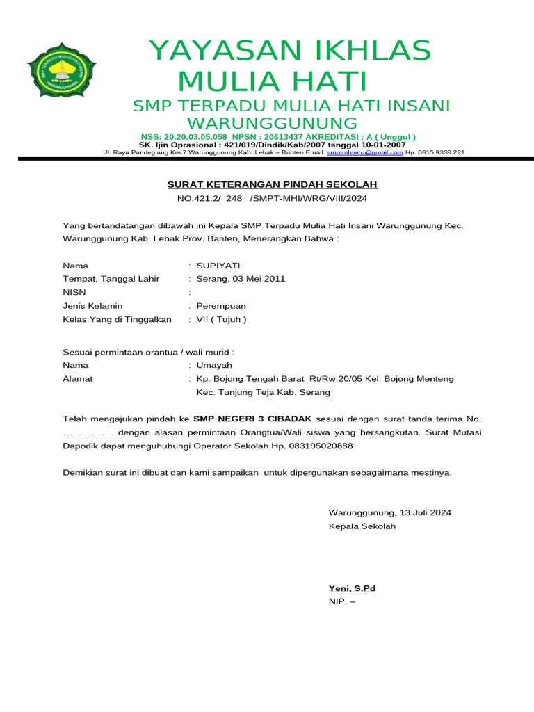 Surat Mutasi Siswa | PDF